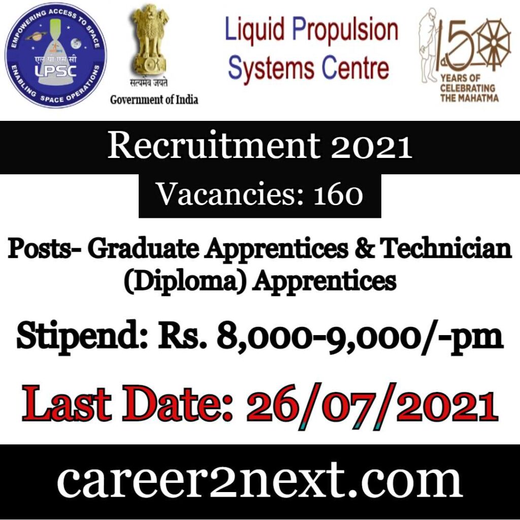LPSC Recruitment 2021 - 160 Posts|Last date: 26/07/2021.