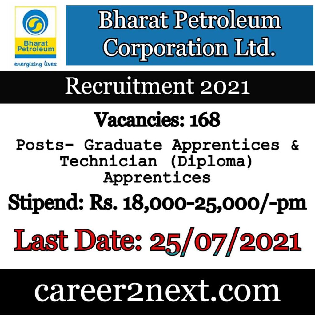 BPCL Apprentice Recruitment 2021 - 168 Posts|Last date: 25/07/2021.