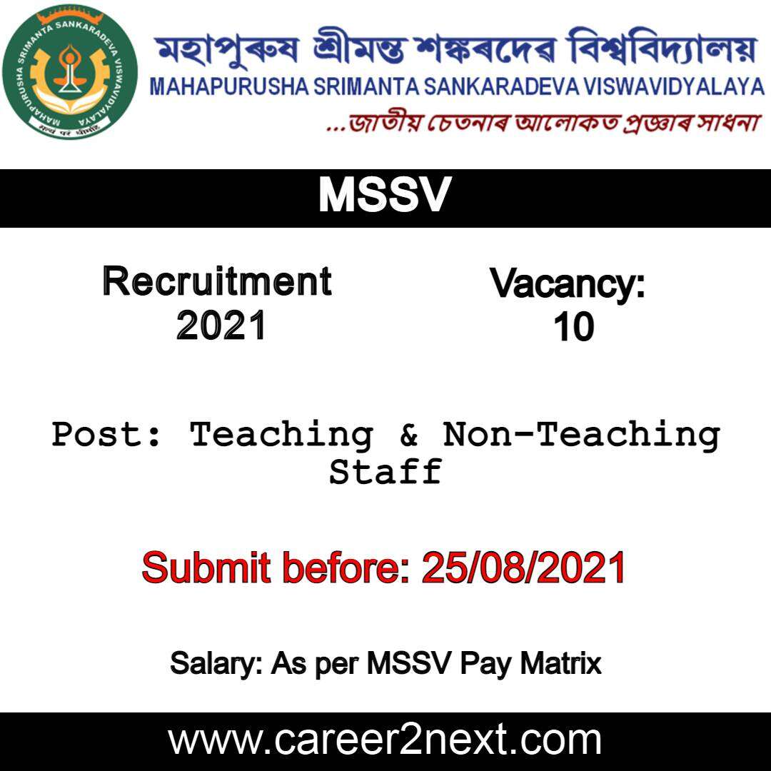 MSSV Assam Recruitment 2021 |10-Teaching & Non-Teaching Staff