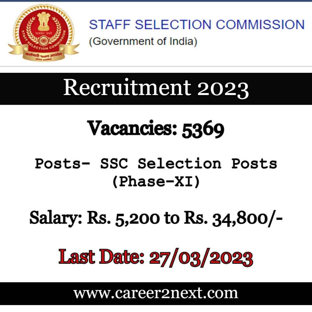 SSC Selection Post Recruitment 2023 (Phase-XI) – 5369 Posts